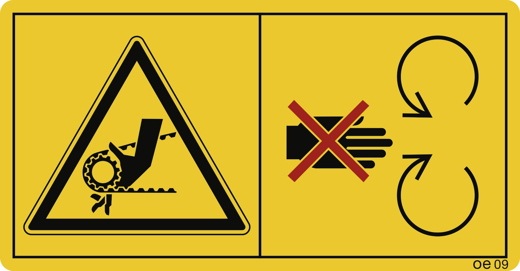 Schutzeinrichtung bei laufendem Motor nicht öffnen oder entfernen (Querformat), Symbolschild ...